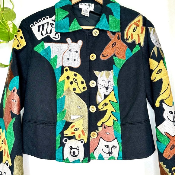 Anage | Jackets & Coats | Vtg Art To Wear Embroidered Safari Zoo Animal ...